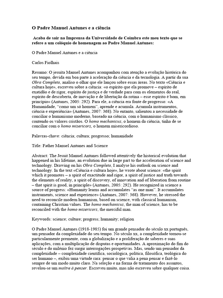 O Padre Manuel Antunes e A Ciência Carlos Fiolhais | PDF | Science | Tempo