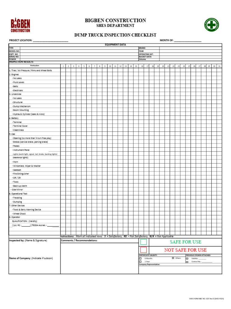 DUMP TRUCK INSPECTION CHECKLIST SHESF025 | PDF | Brake | Truck