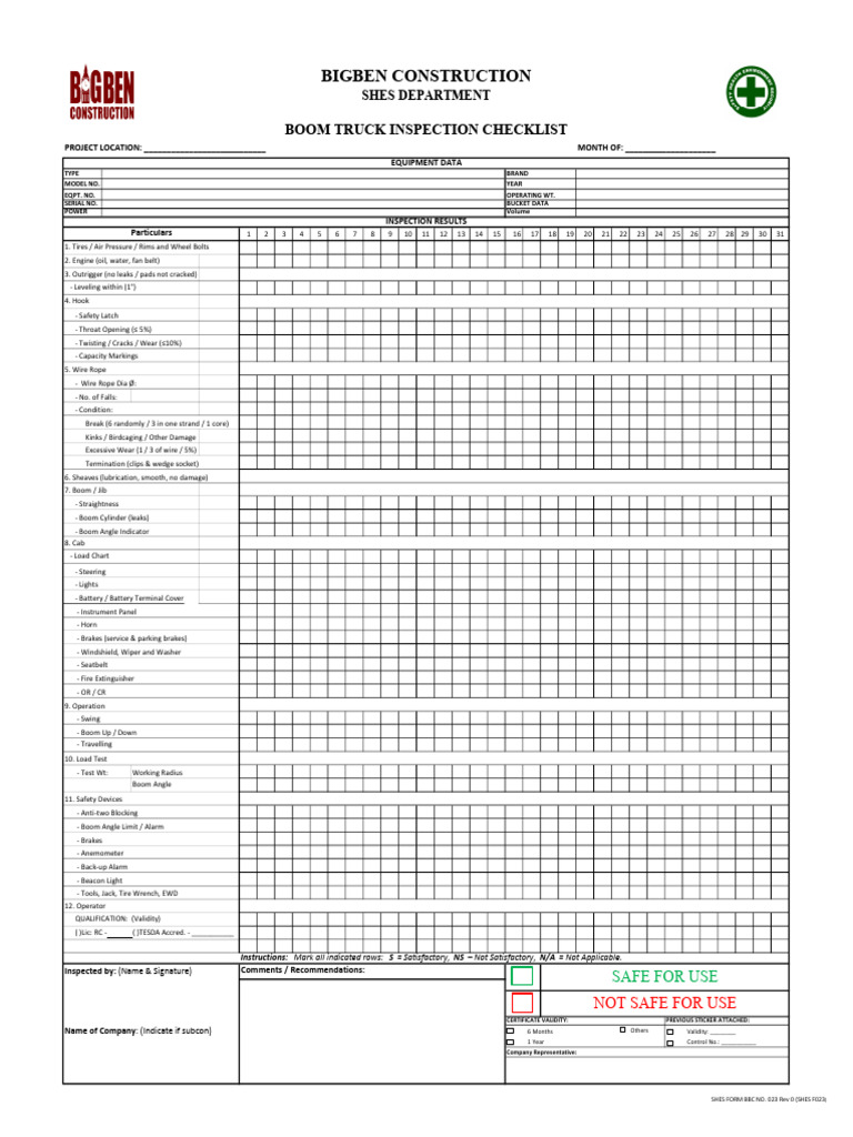 Boom Truck Inspection Checklist | PDF | Truck | Crane (Machine)