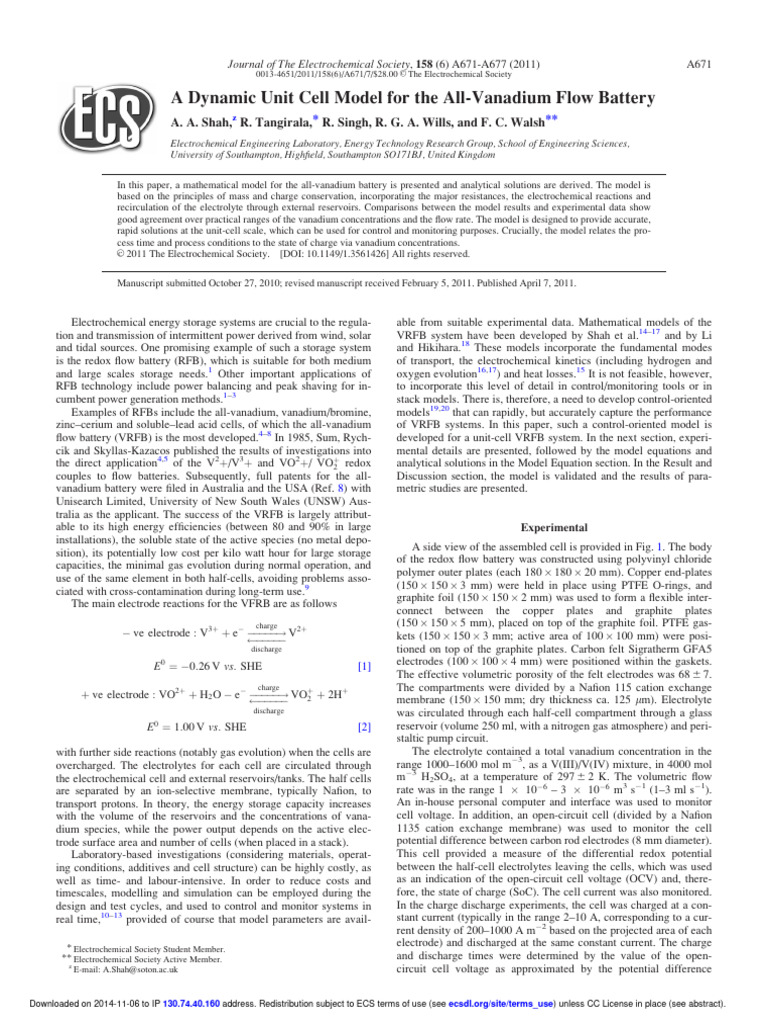 2011 A Dynamic Unit Cell Model For The All-Vanadium Flow Battery | PDF ...