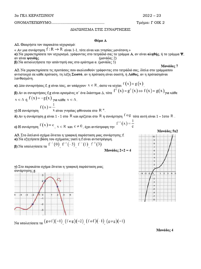 1o ΔΙΑΓΩΝΙΣΜΑ ΣΥΝΑΡΤΗΣΕΙΣ 2021 - 22 | PDF