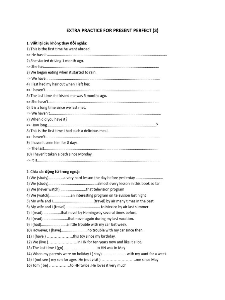 Extra Practice For Present Perfect | PDF