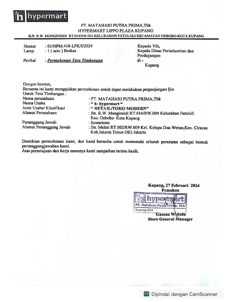 Surat Permohonan Tera Timbangan Hypermart Lippo Plaza Kupang | PDF
