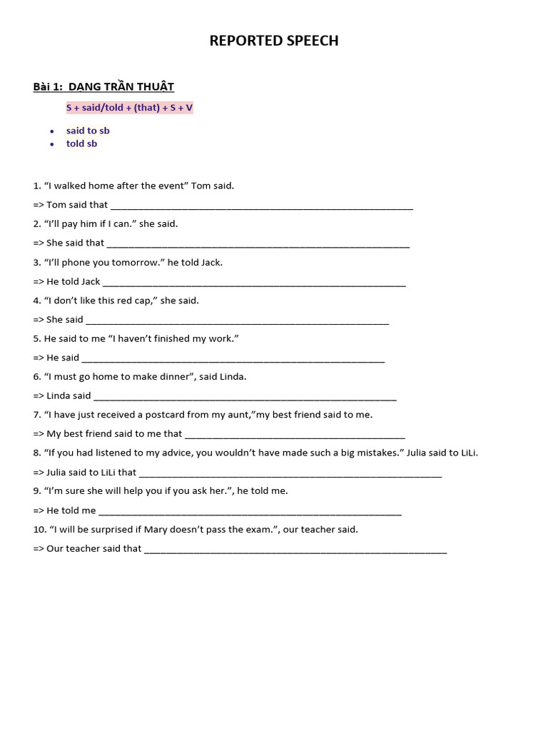 REPORTED SPEECH (Exercises) | PDF