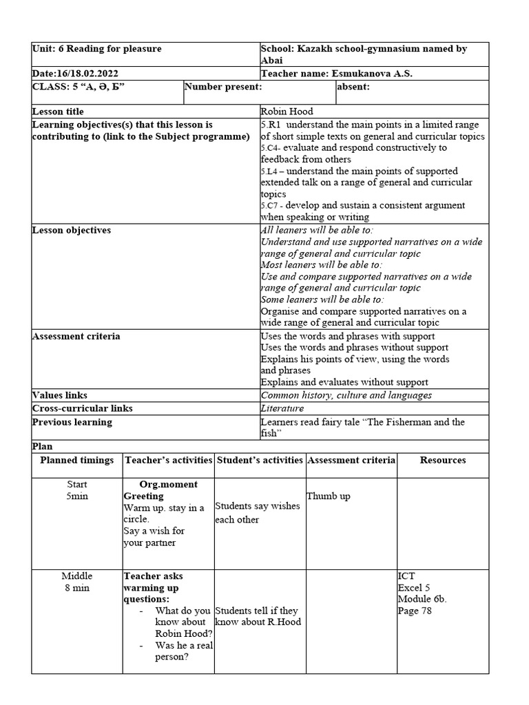 5 Grade Robin Hood | PDF | Robin Hood | Learning