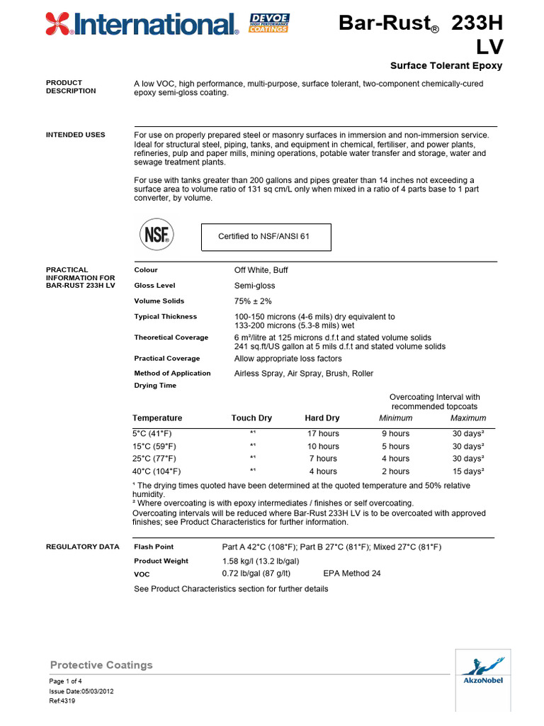 Bar-Rust 233H LV Surface Tolerant Epoxy | PDF | Concrete | Paint