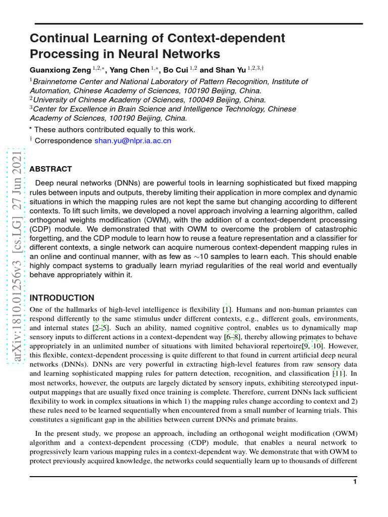 Continual Learning of Context-dependent Processing in Neural Networks | PDF | Deep Learning ...