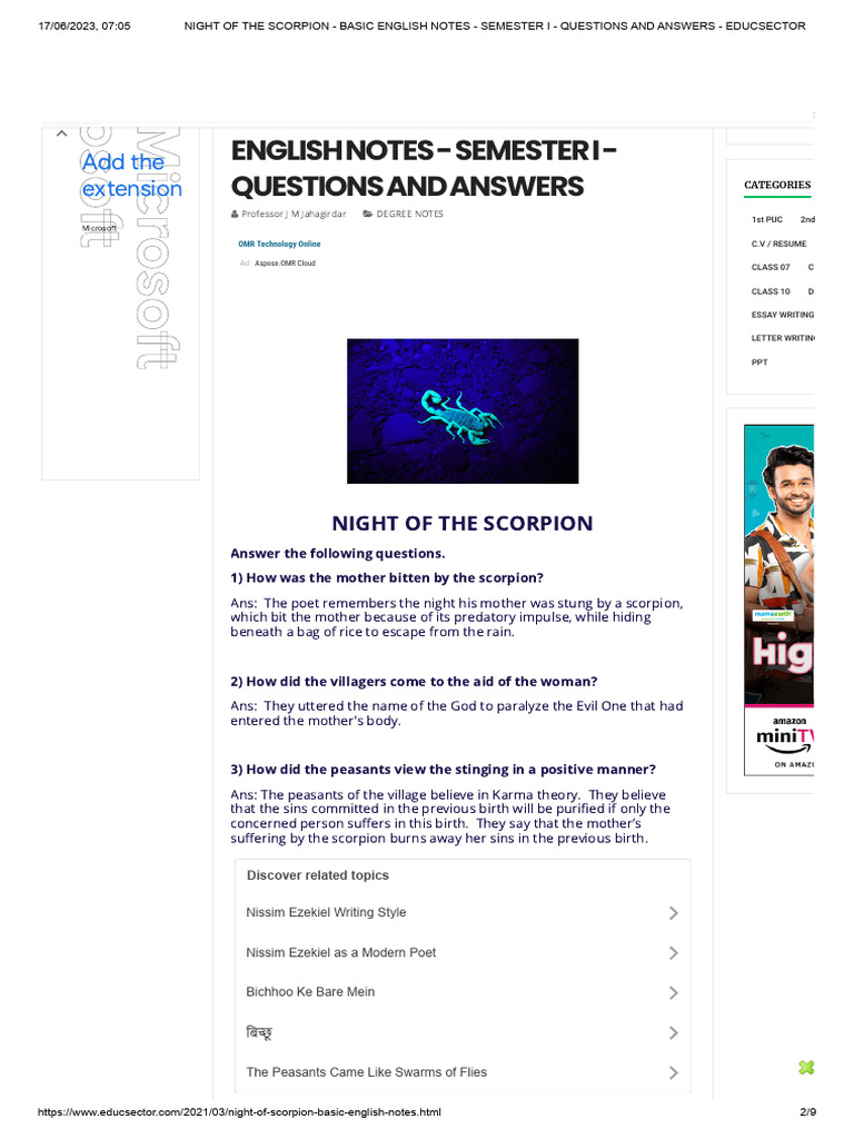 Night of the Scorpion - Basic English Notes - Semester i - Qa ...