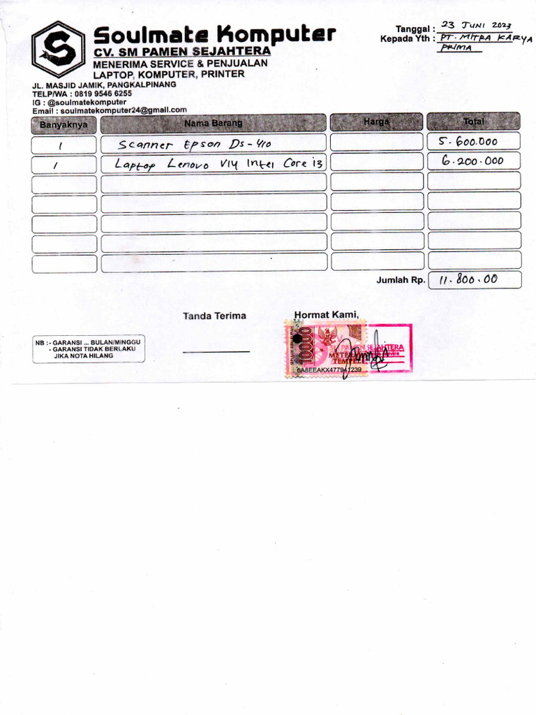 Nota PT MITRA KARYA PRIMA | PDF