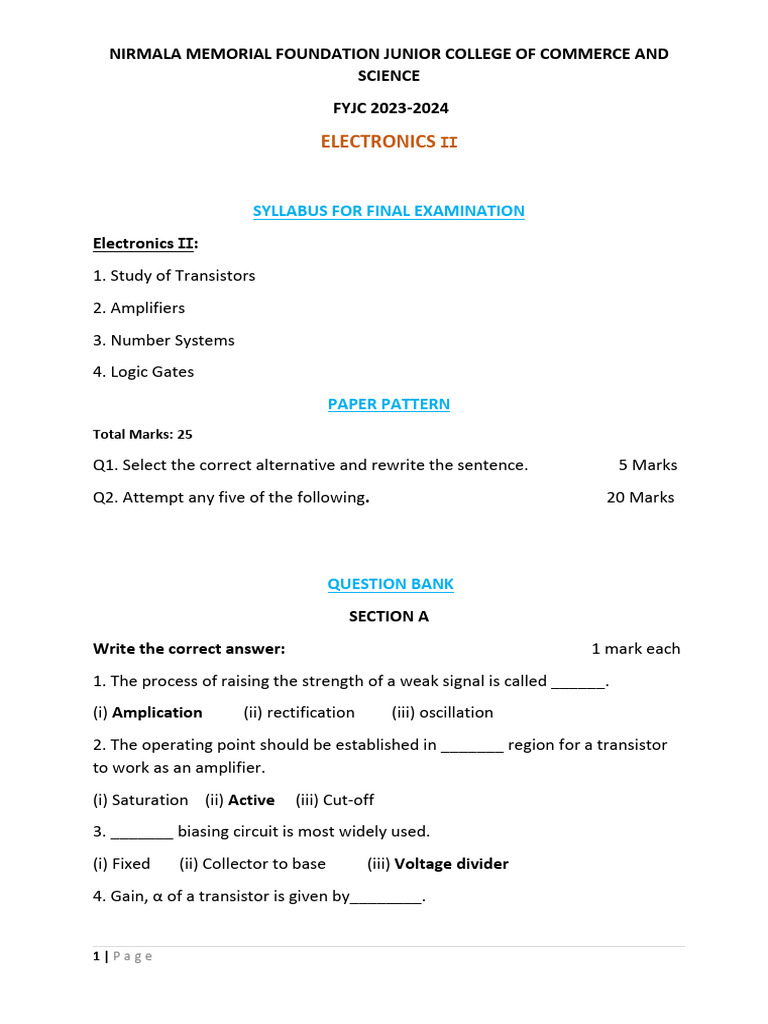 FYJC - Elec 2 FinalExam QB - Solution | PDF | Logic Gate | Amplifier