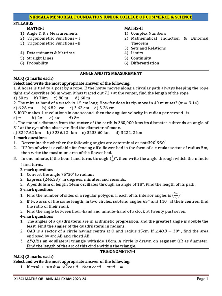 Xi Sci Maths Annual QB 2023-24 | PDF | Angle | Circle
