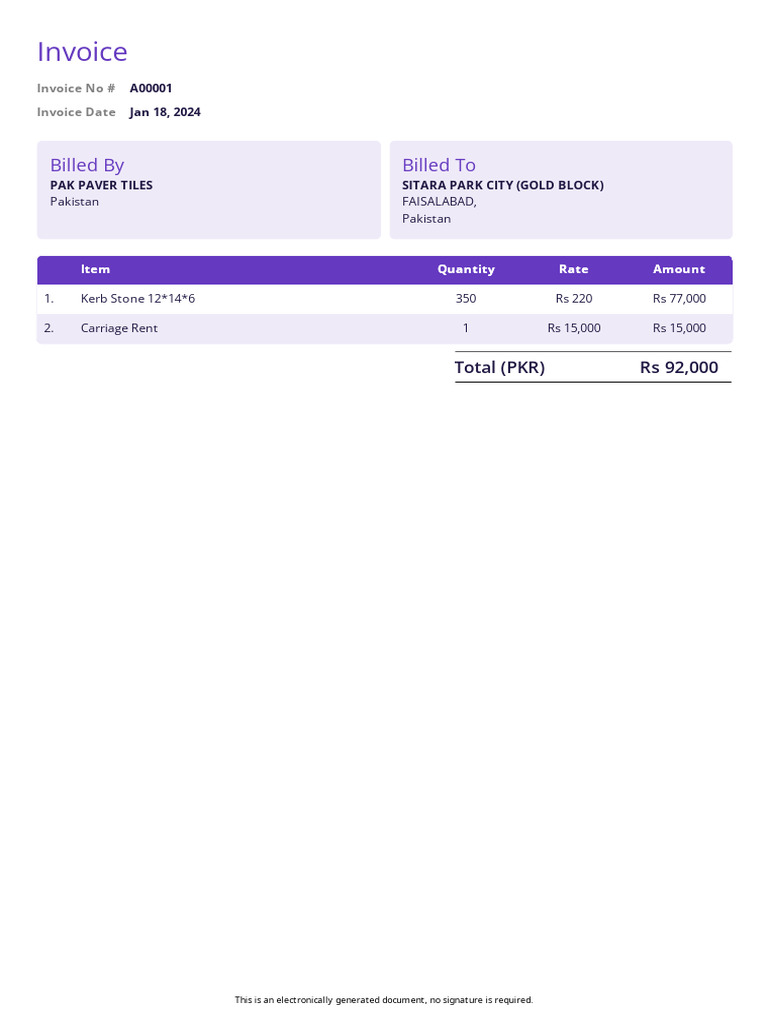 Invoice A00001 Pak Paver Tiles Sitara Park City Gold Block | PDF