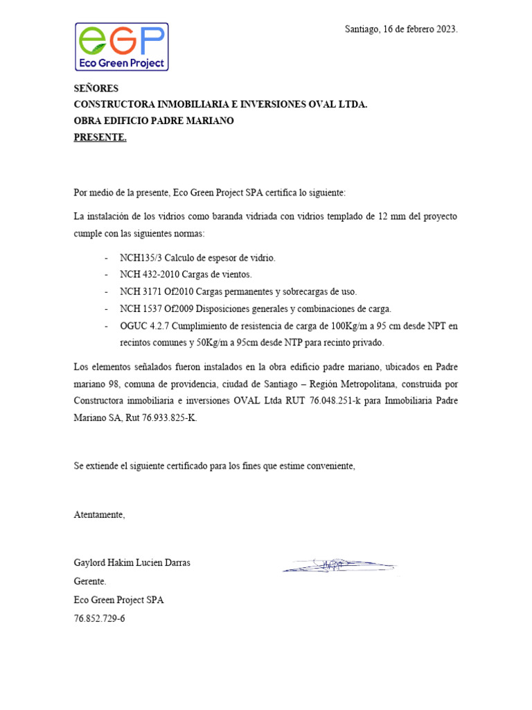 Certificación Vidrios Edificio Padre Mariano | PDF
