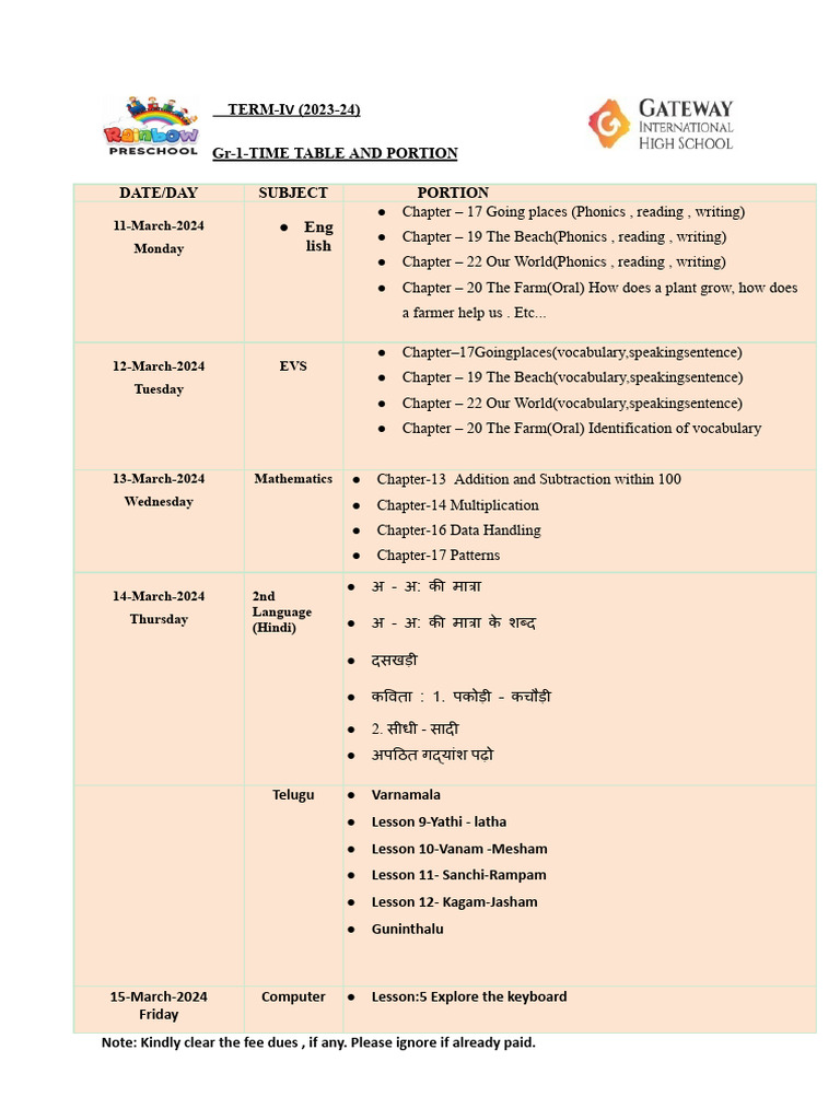 Grade-1Term-4 Time Table | PDF