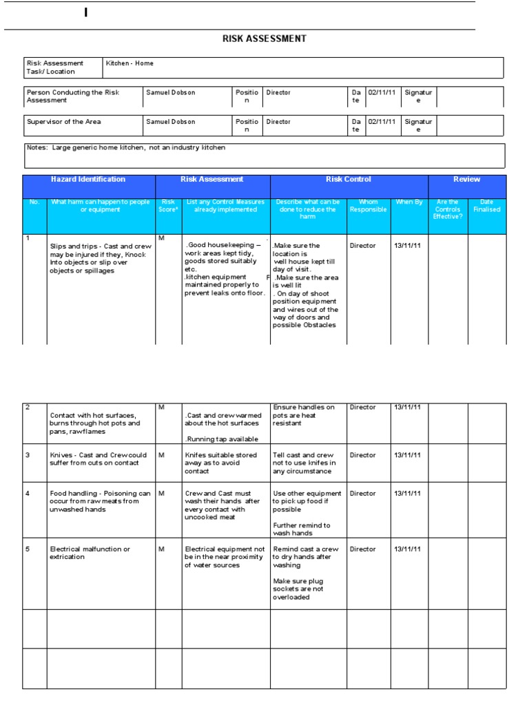 Risk Assessment: Kitchen - Home | PDF | Personal Protective Equipment ...