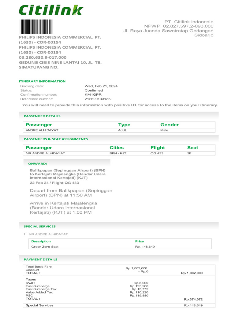 Citilink Ticket - KM1GPR | PDF | Taxes | Transport