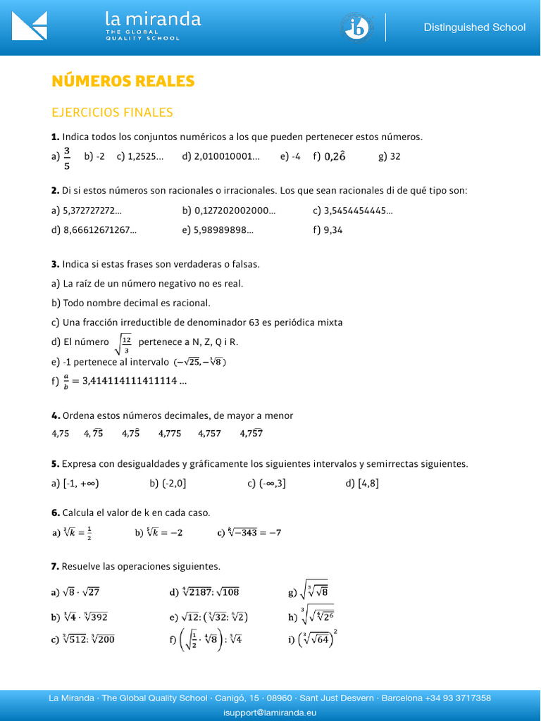 Números Reales. Ejercicios Finales | PDF | Número racional | Notación ...
