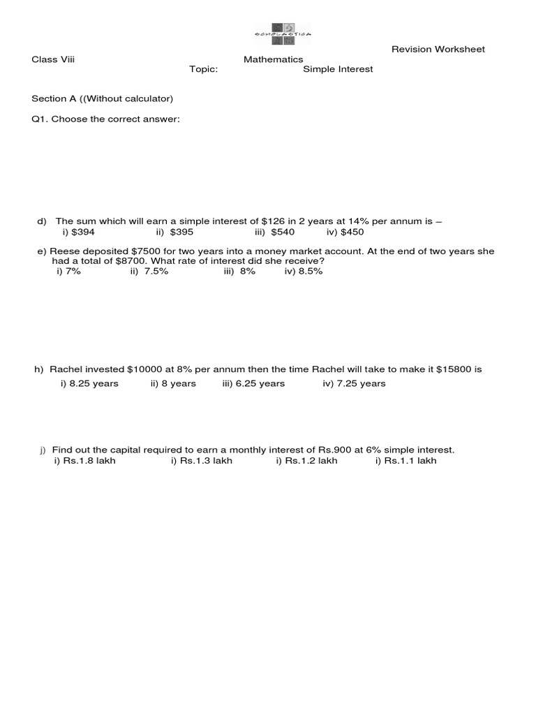 Revision Worksheet 7 Simple Interest | PDF | Interest | Percentage