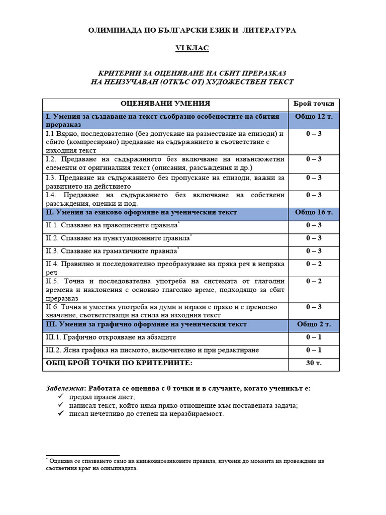 6 Клас СБИТ ПРЕРАЗКАЗ Критерии Pdf