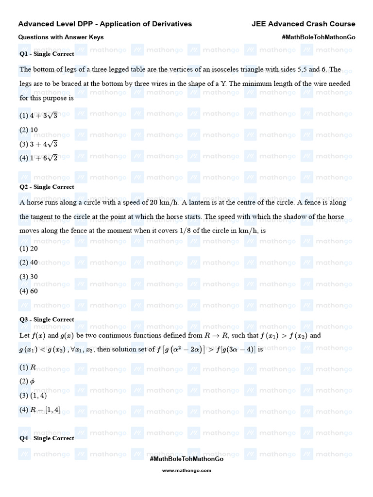 Advanced Level DPP Application of Derivatives Question Mathongo | PDF | Function (Mathematics ...
