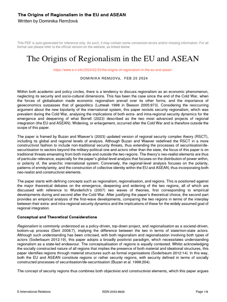 The Origins Of Regionalism In The Eu And Asean Pdf European Union