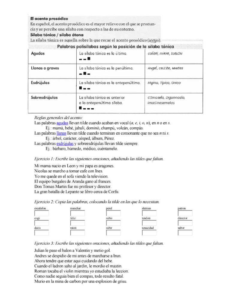 Ejercicios de Tildes (I. Regla General) | PDF