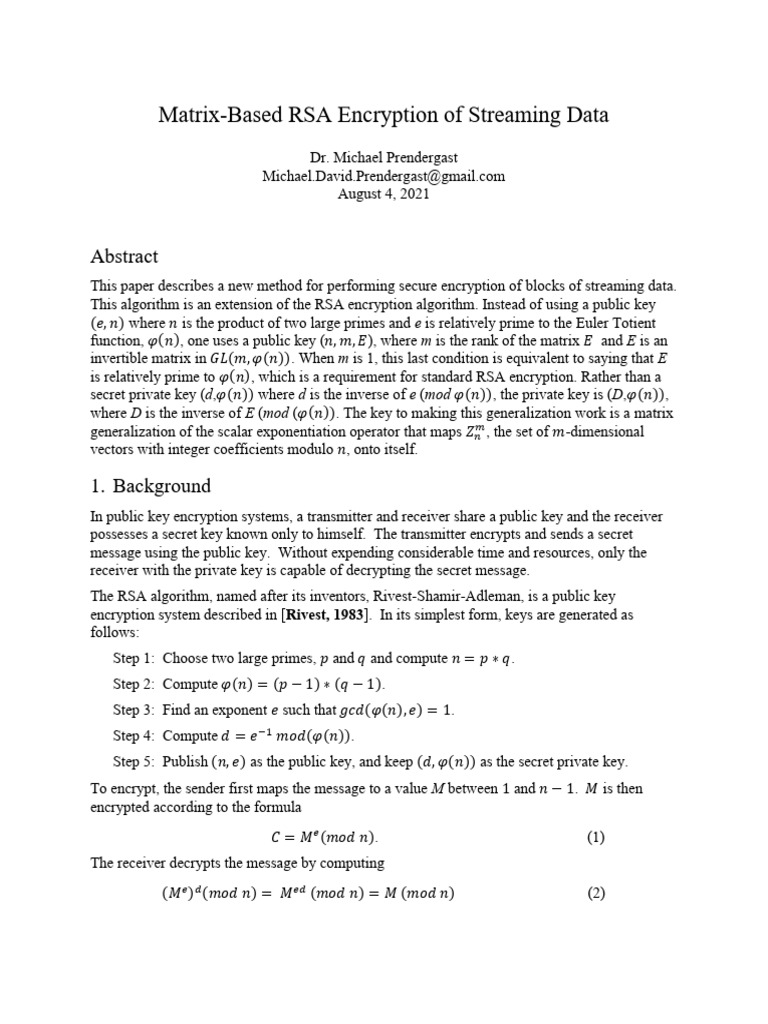 Matrix-Based RSA Encryption of Streaming Data Prendergast 20210804 | PDF | Cryptography | Matrix ...