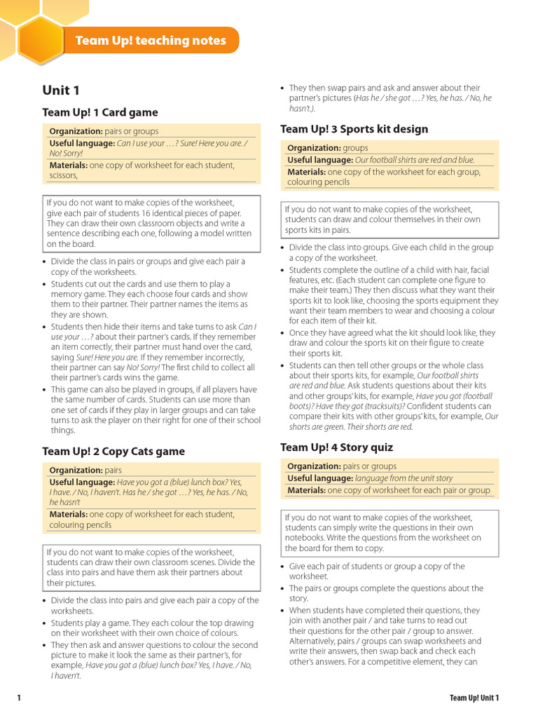 Team Up! Interactive Classroom Activities | PDF | Meal | Clothing