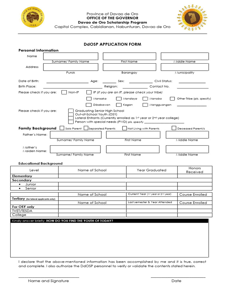 Davao de Oro Scholarship Application Form | PDF