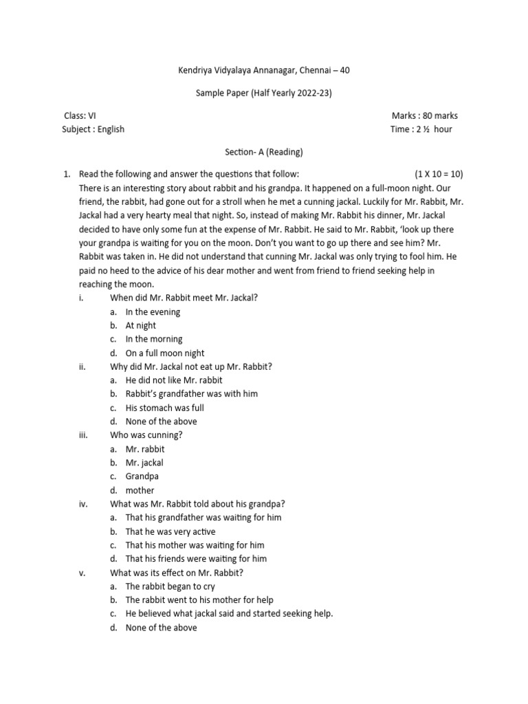 Class 6 Sample Paper | PDF