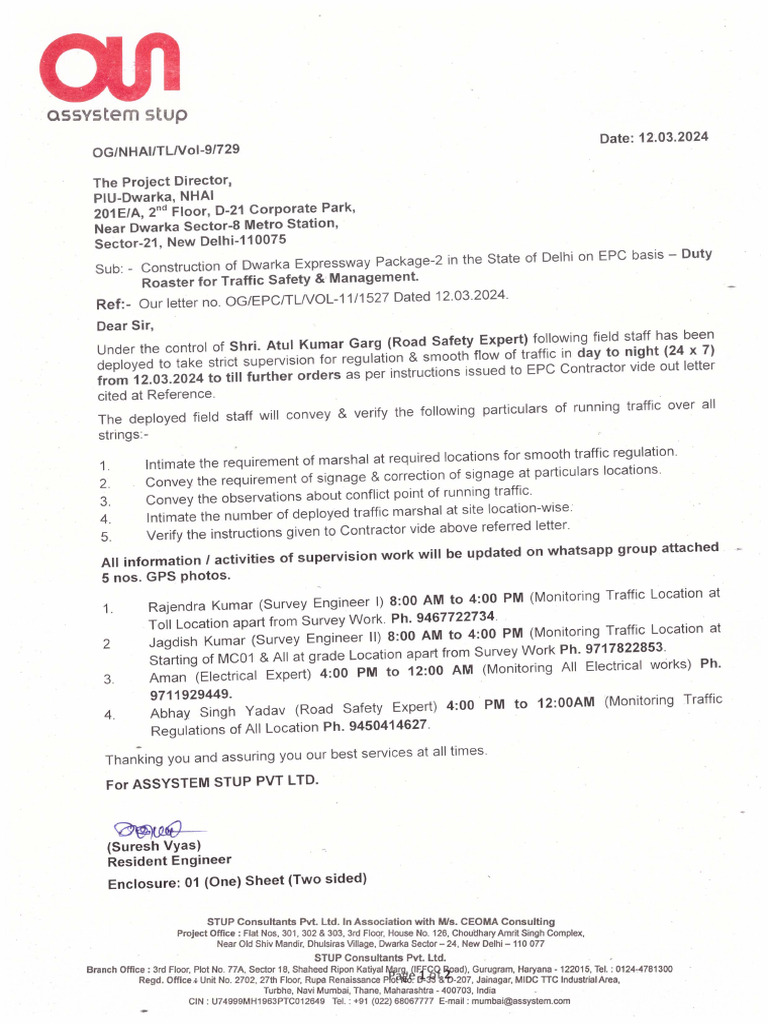 729 OG NHAI DT 12.03.2024- Duty Roaster for Traffic Safety & Management. | PDF