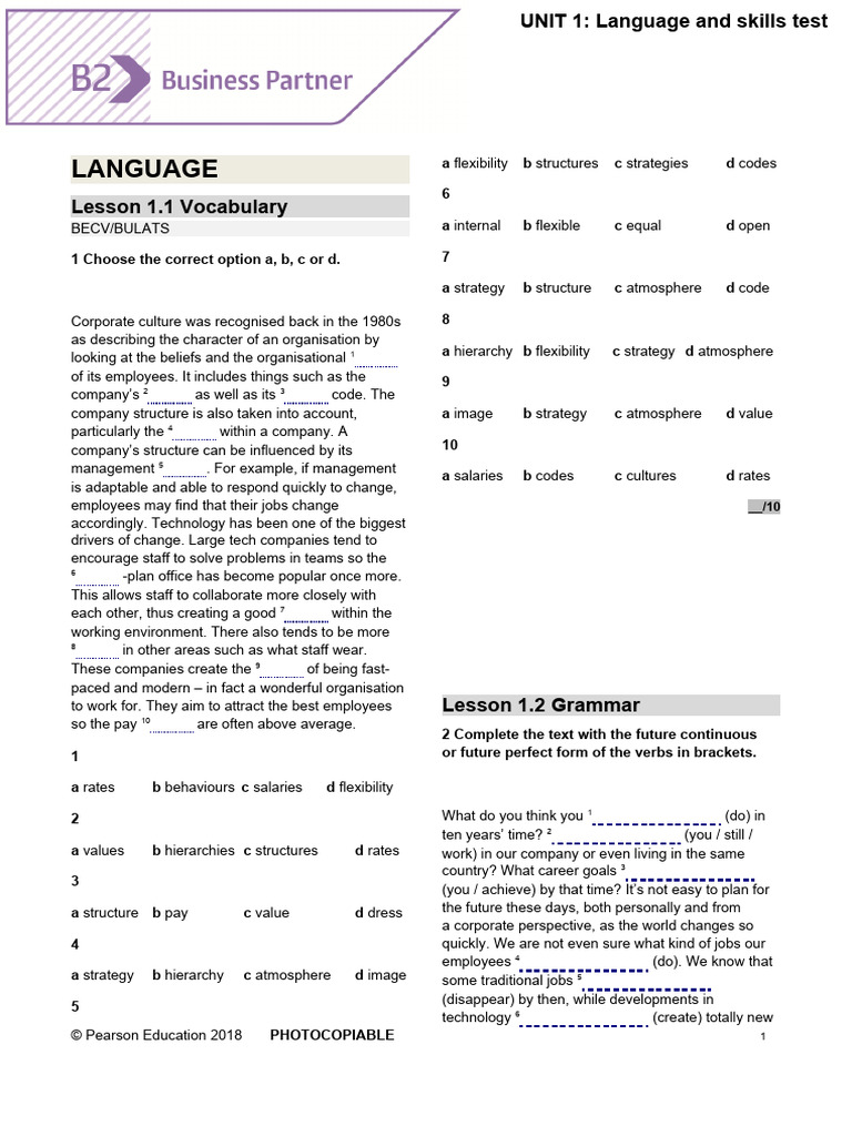 Bp B2 Tests Unit1 Pdf Organizational Culture Human Communication