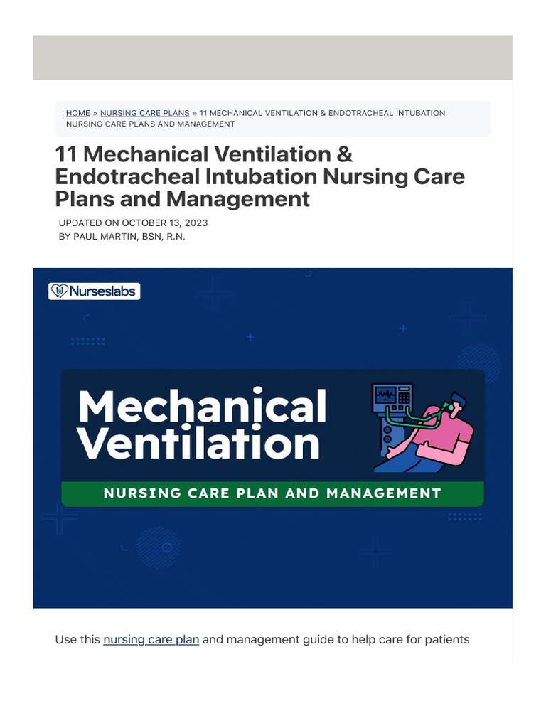 11 Mechanical Ventilation & Endotracheal Intubation Nursing Care Plans ...