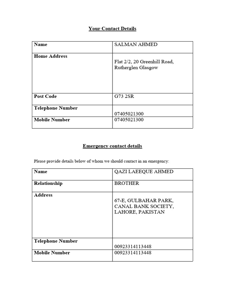 Emergency Contact Details | PDF