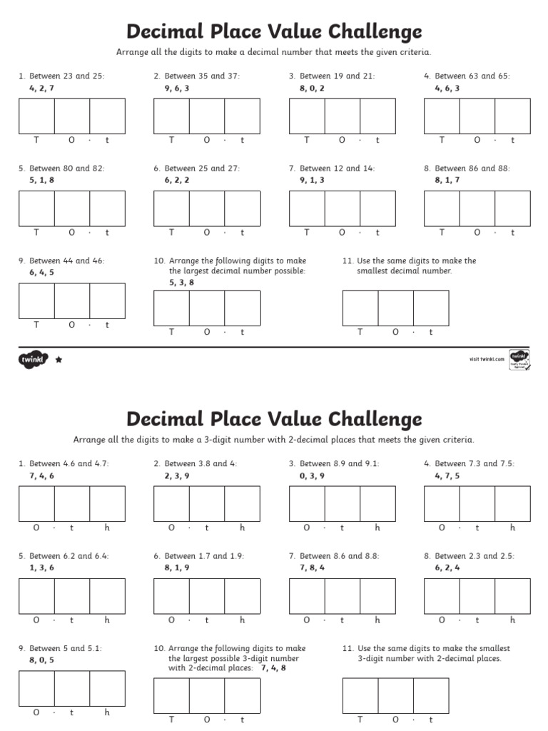 t2 M 4768 Decimal Place Value Challenge Differentiated Activity Sheet ...