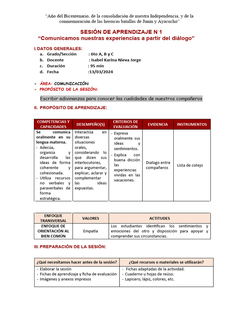 Sesión de Aprendizaje N 1 | PDF | Evaluación | Aprendizaje