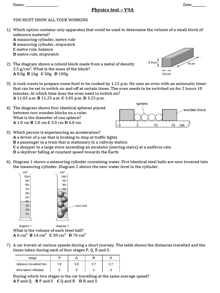 TEST Y9 Measurng Density Motion 2023 | PDF | Density | Volume
