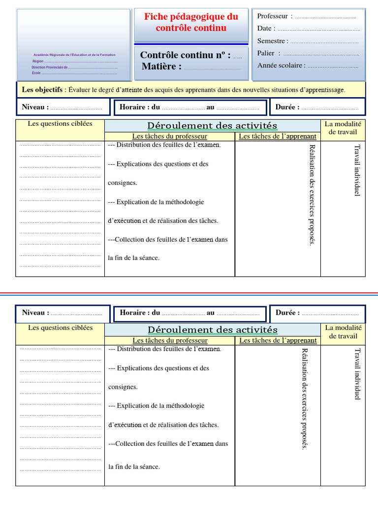 Fiche Pédagogique Contrôle Continu | PDF | Pédagogie | Apprentissage