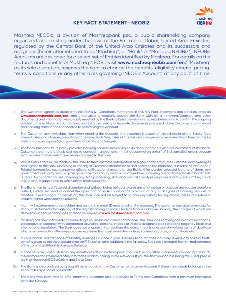 Key Fact Statement-Neobiz: Mashreqbank PSC Is Regulated by The Central ...