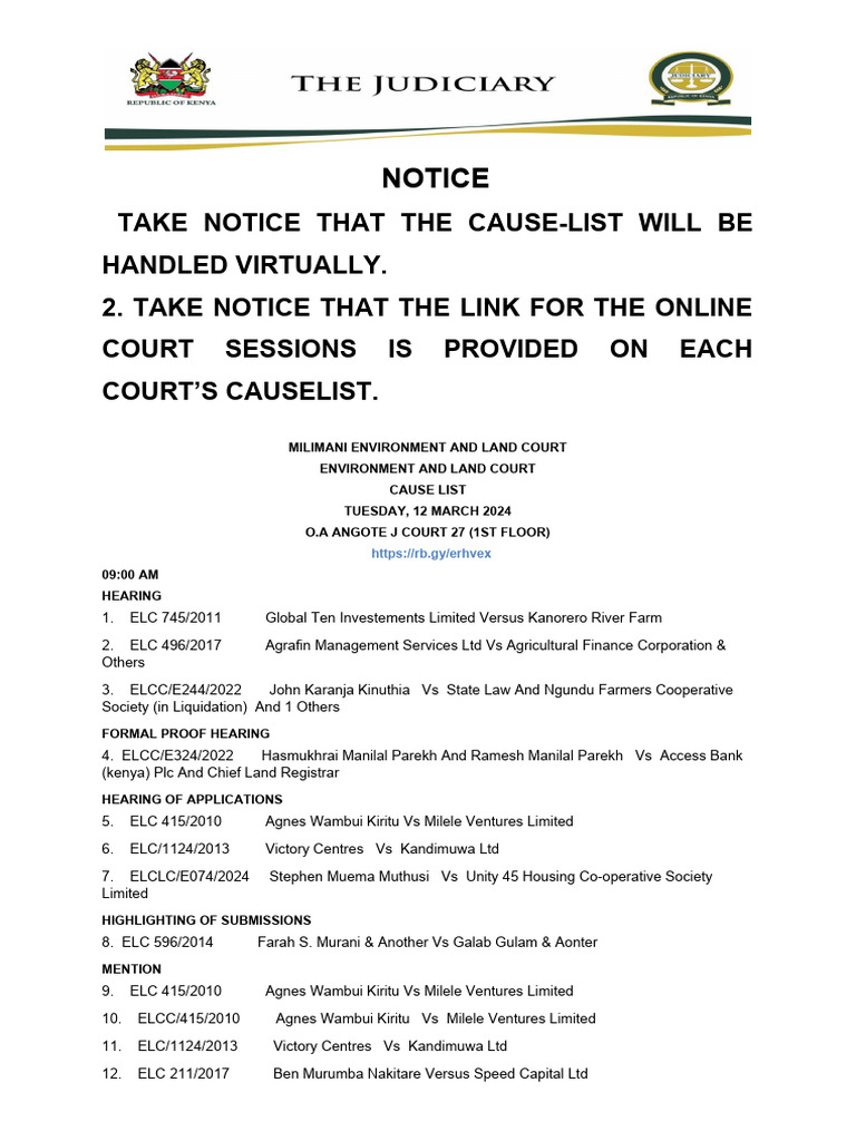 Milimani Land Court Cause List - Mar 12, 2024 | PDF | Science & Mathematics