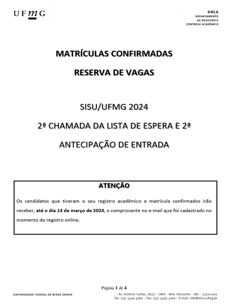 Matriculas Confirmadas Reserva de Vagas 2a Chamada Da LE e 2a Antecipacao | PDF