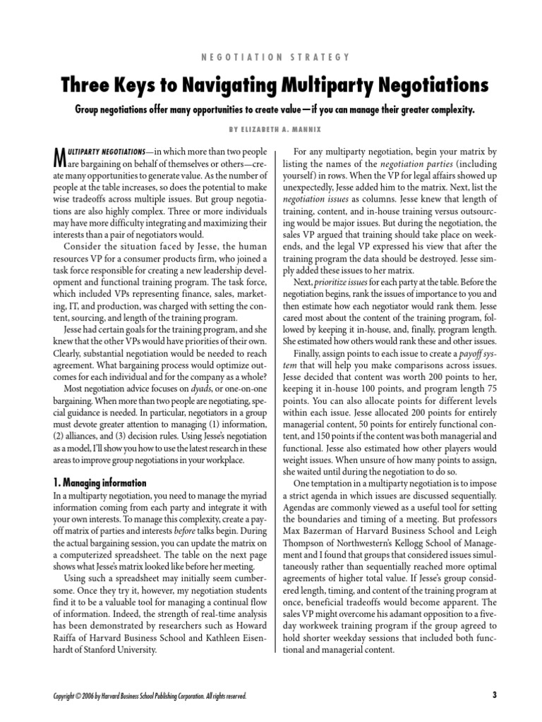 Three Keys To Navigating Multiparty Negotiations | PDF | Negotiation | Goal