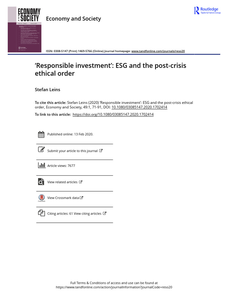 Leins - 2020 - Responsible Investment' ESG and The Post-Crisis | PDF ...