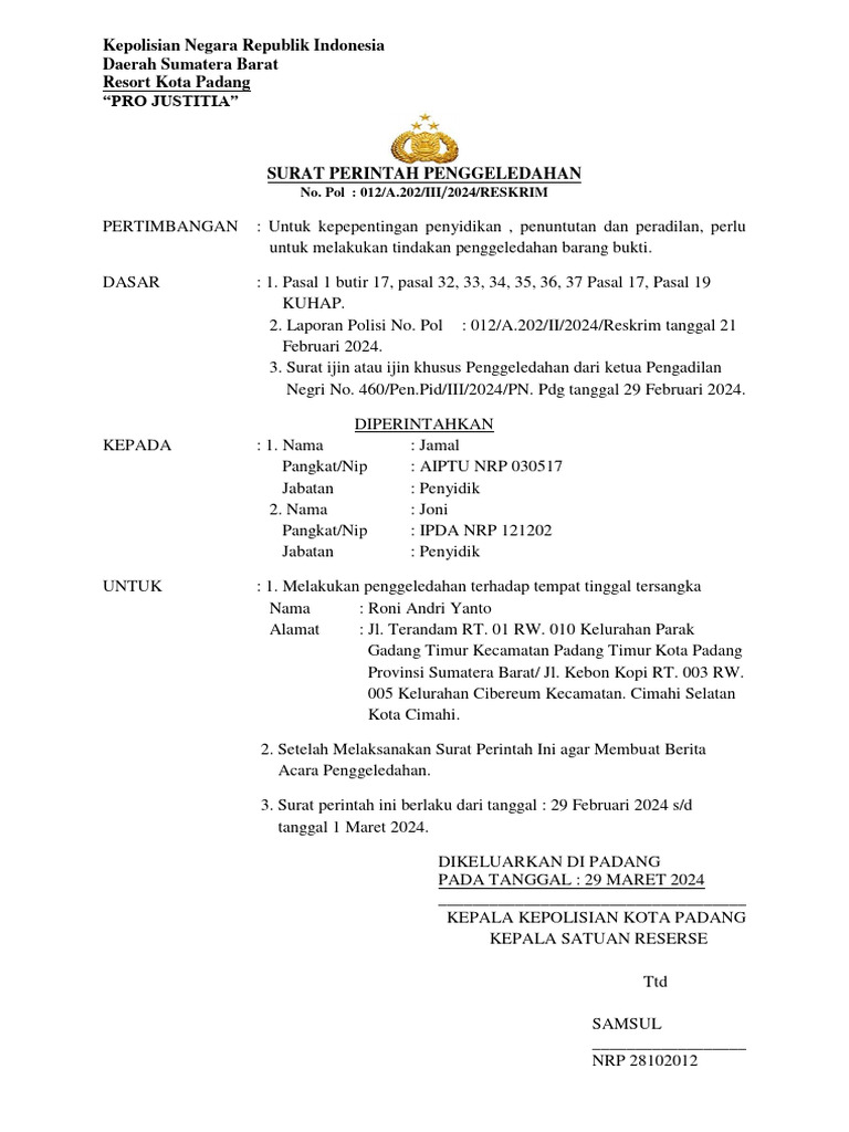 Surat Perintah Penggeledahan Polisi | PDF