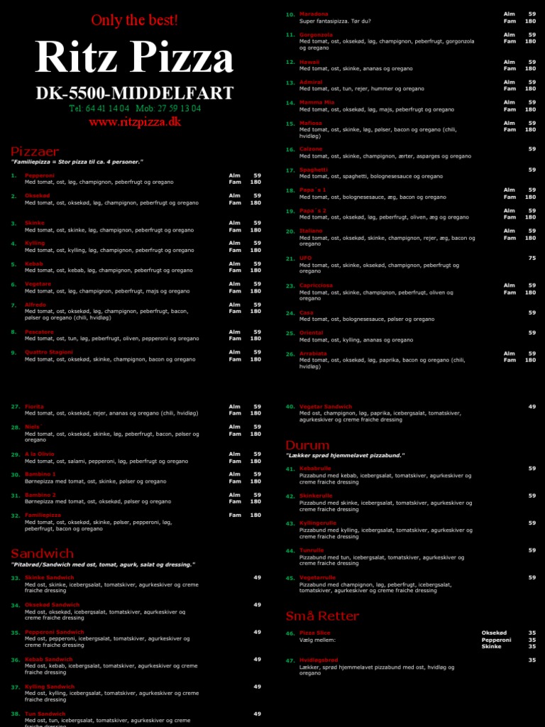 Ritz Pizza Menu | PDF