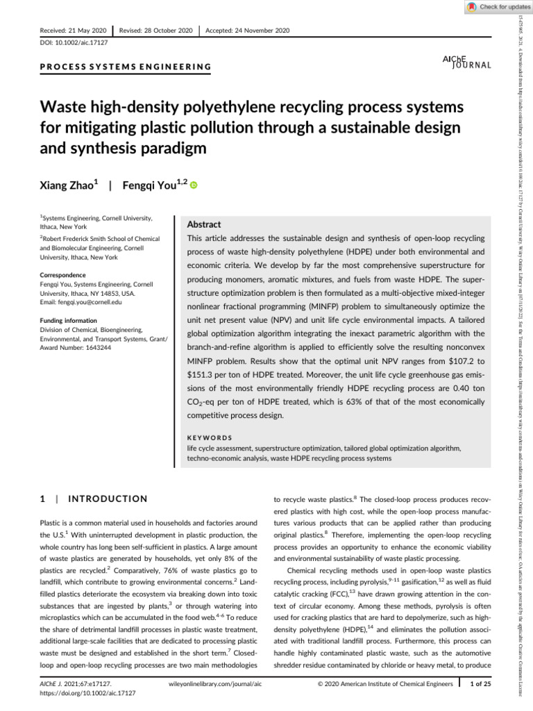AIChE Journal - 2020 - Zhao - Waste High Density Polyethylene Recycling ...