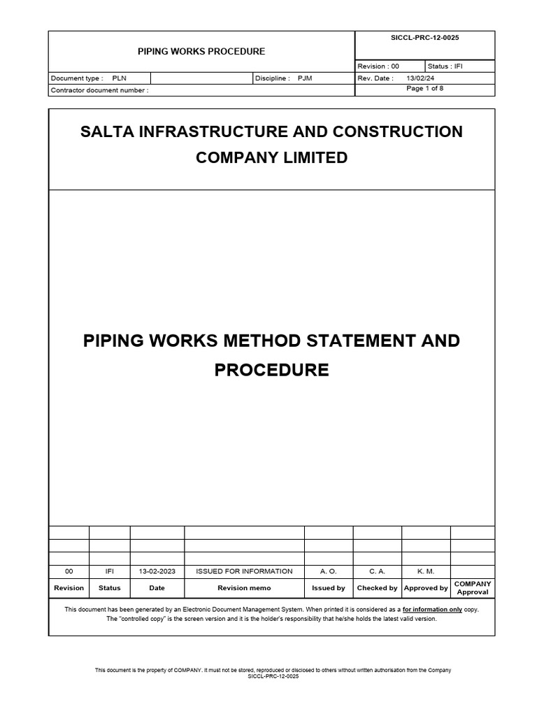 Piping Work Method Statement and Procedure | PDF | Pipe (Fluid ...