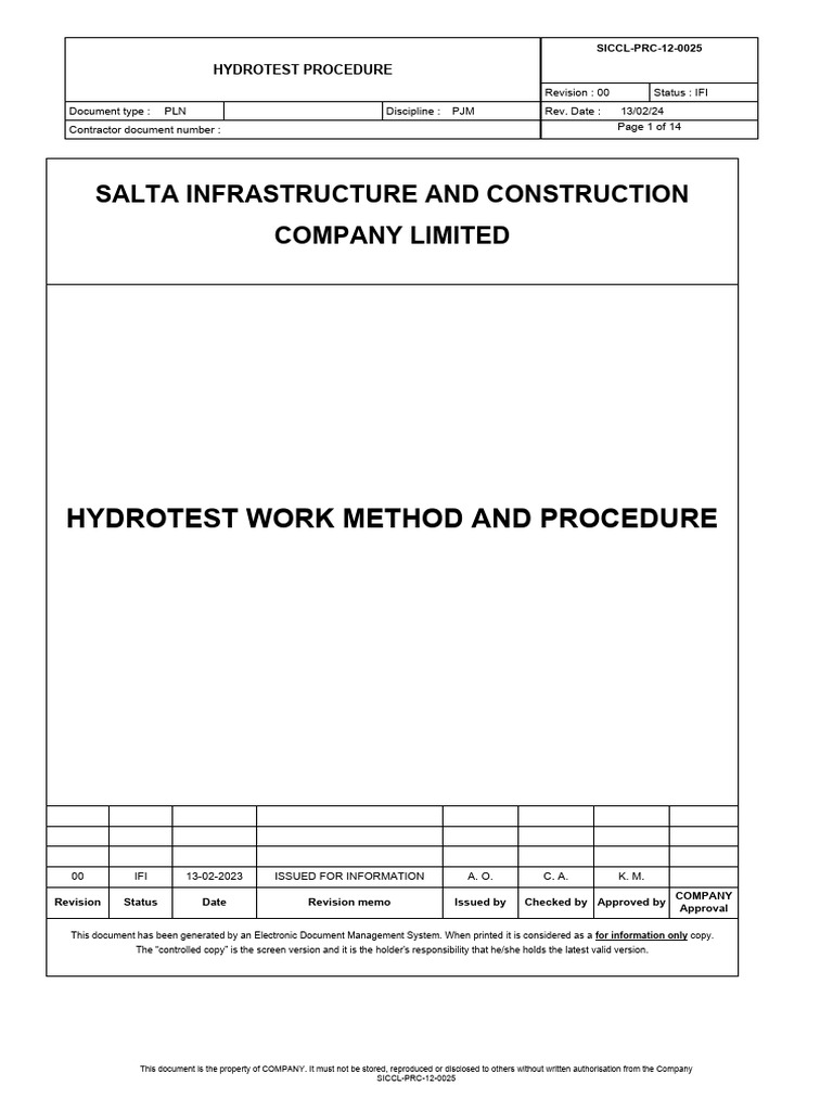 Hydrotest and Dewatering Work Method and Procedure | PDF | Mechanical ...