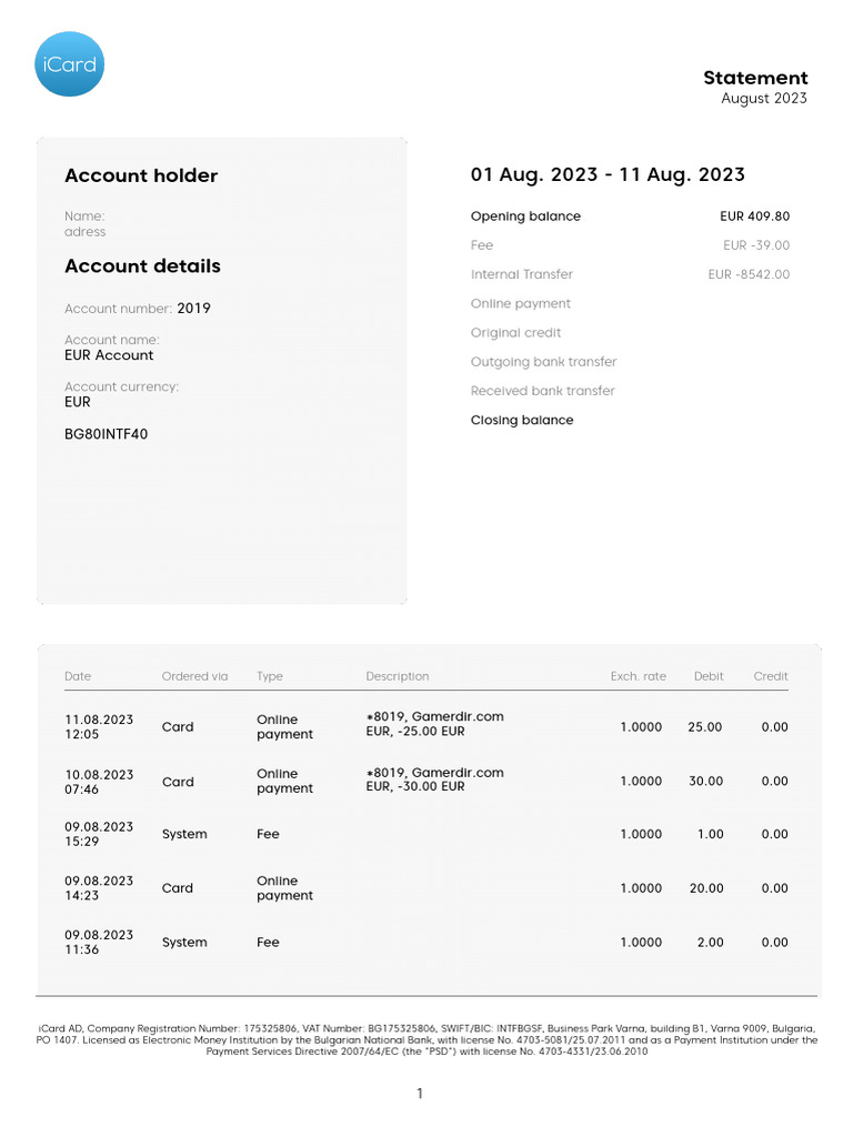 Icard Statement 08 2023 AUSTRIA | PDF | Wire Transfer | Payments