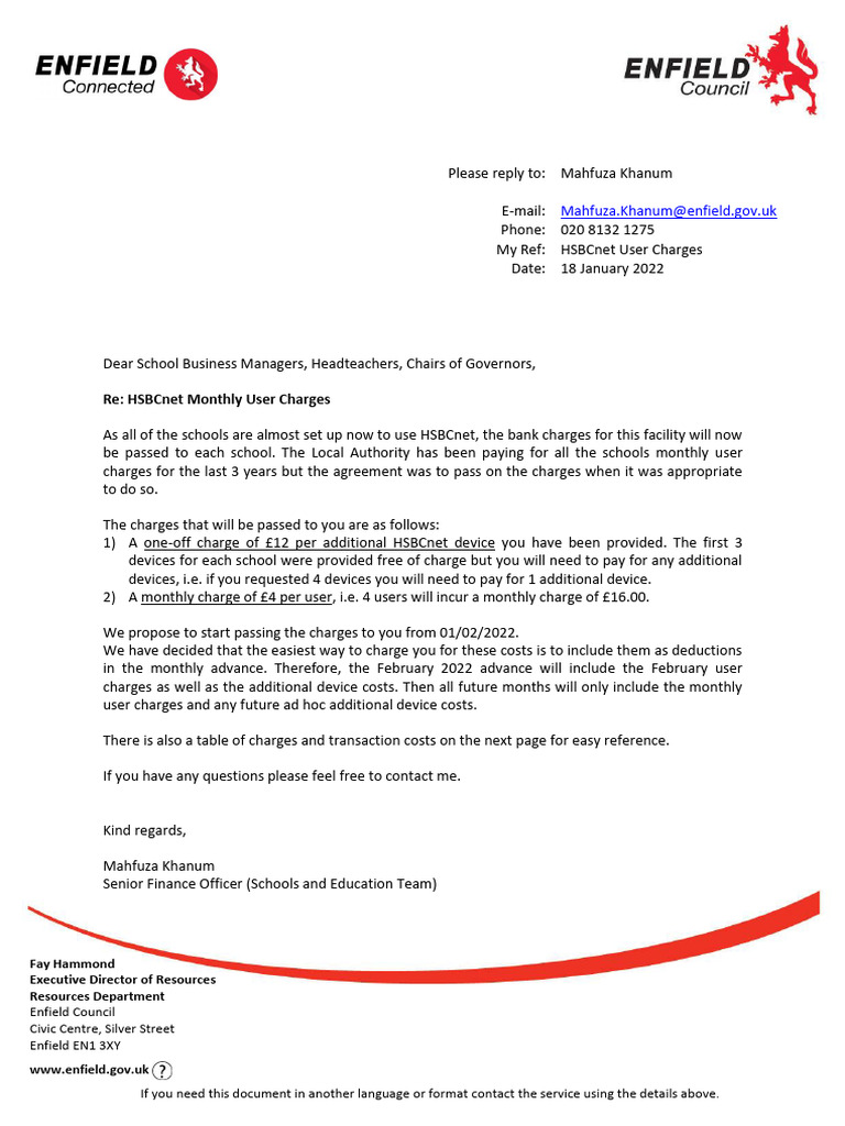 HSBCnet Charges To Schools - Feb22 | PDF | Payments | Cheque